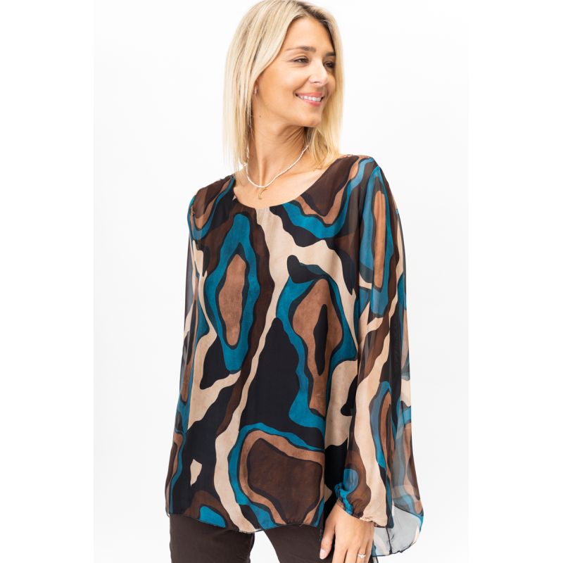 Long Sleeve Silk Abstract Print Top